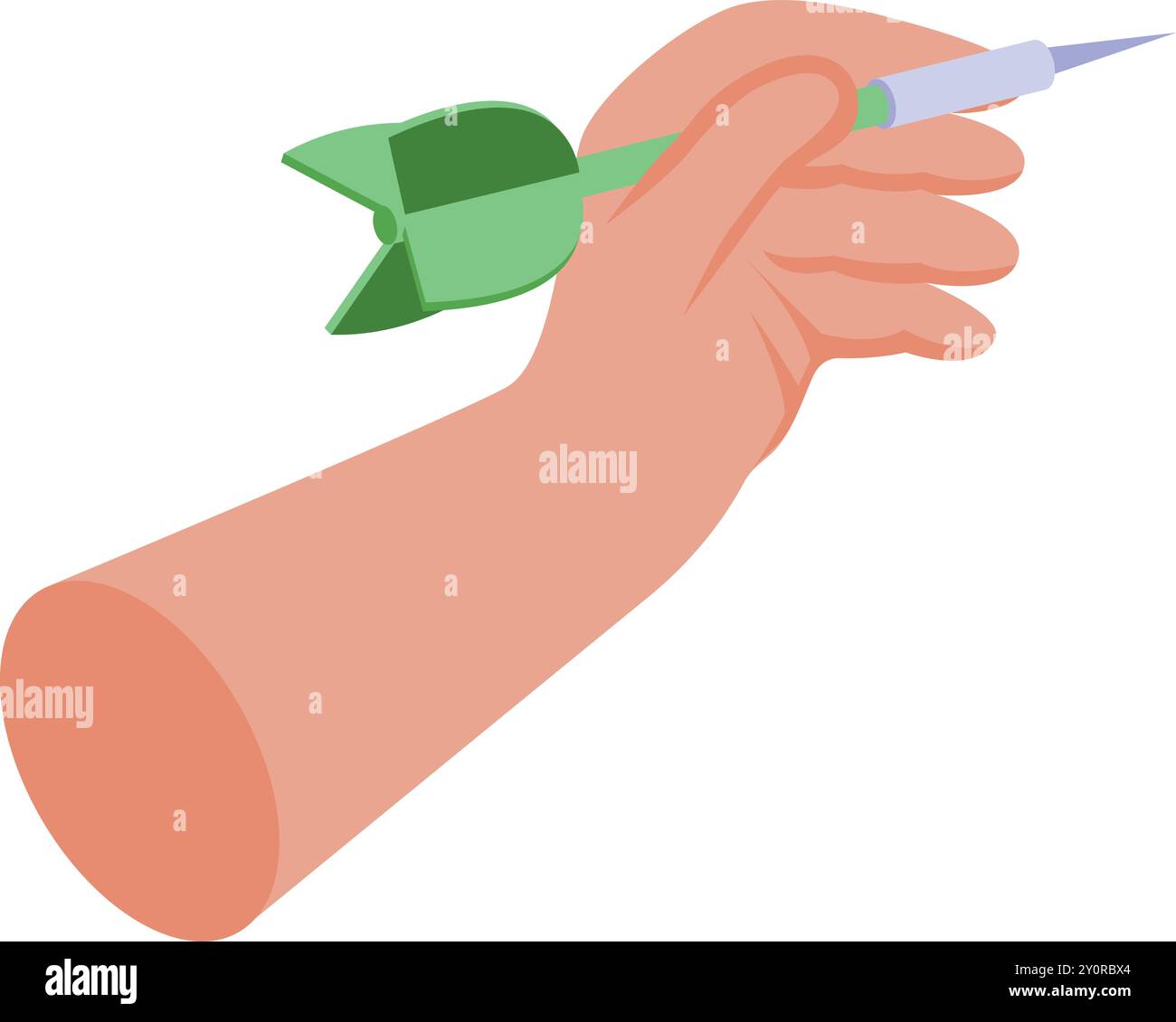 Hand is holding a green dart ready to throw it to hit the center of the ...
