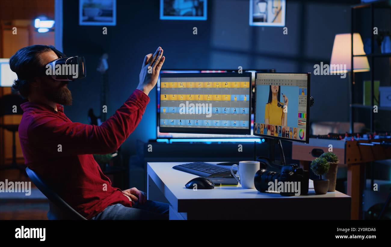 Photo editor using VR headset to color correct photographs in high tech ...