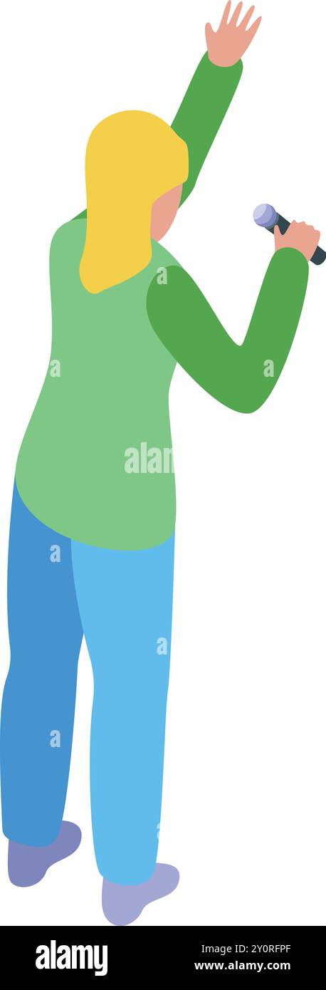 Woman singing with microphone raising hand isometric icon vector ...