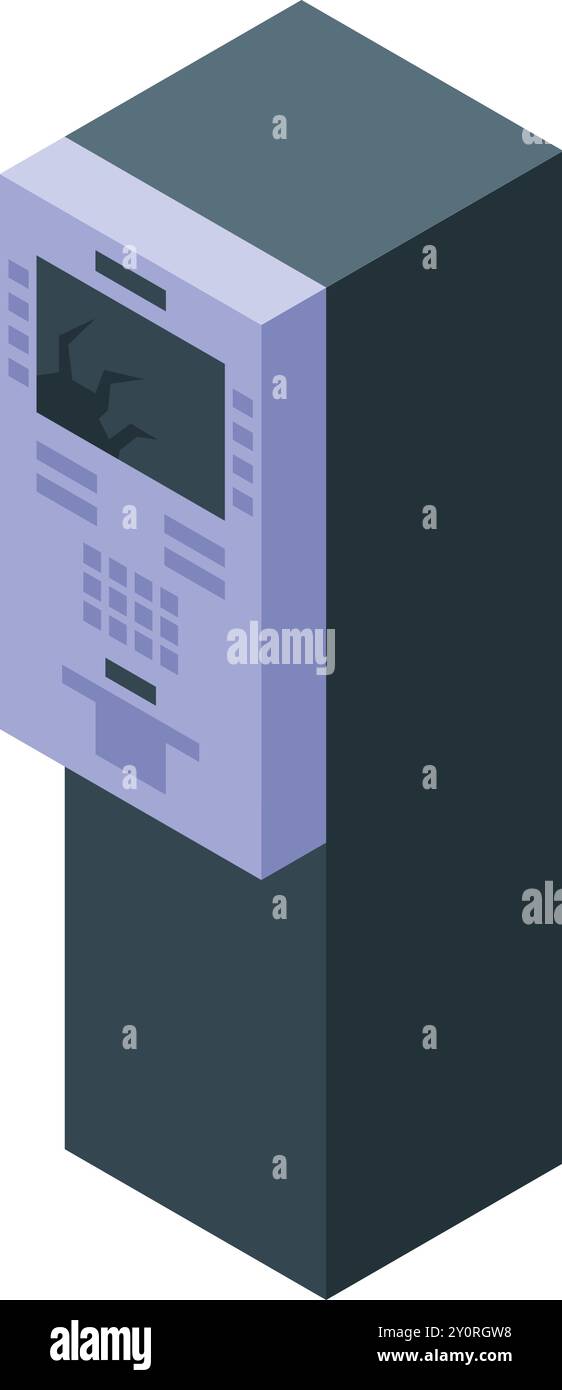 Isometric view of a broken atm machine with a cracked screen, evoking ...