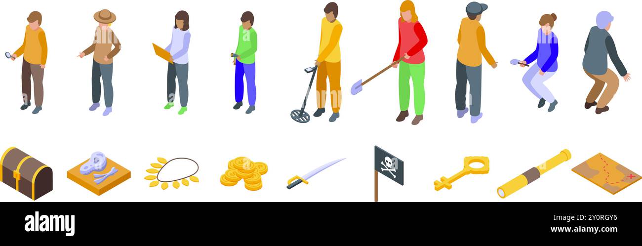 Treasure hunting icons set. Treasure hunters are working with a map ...