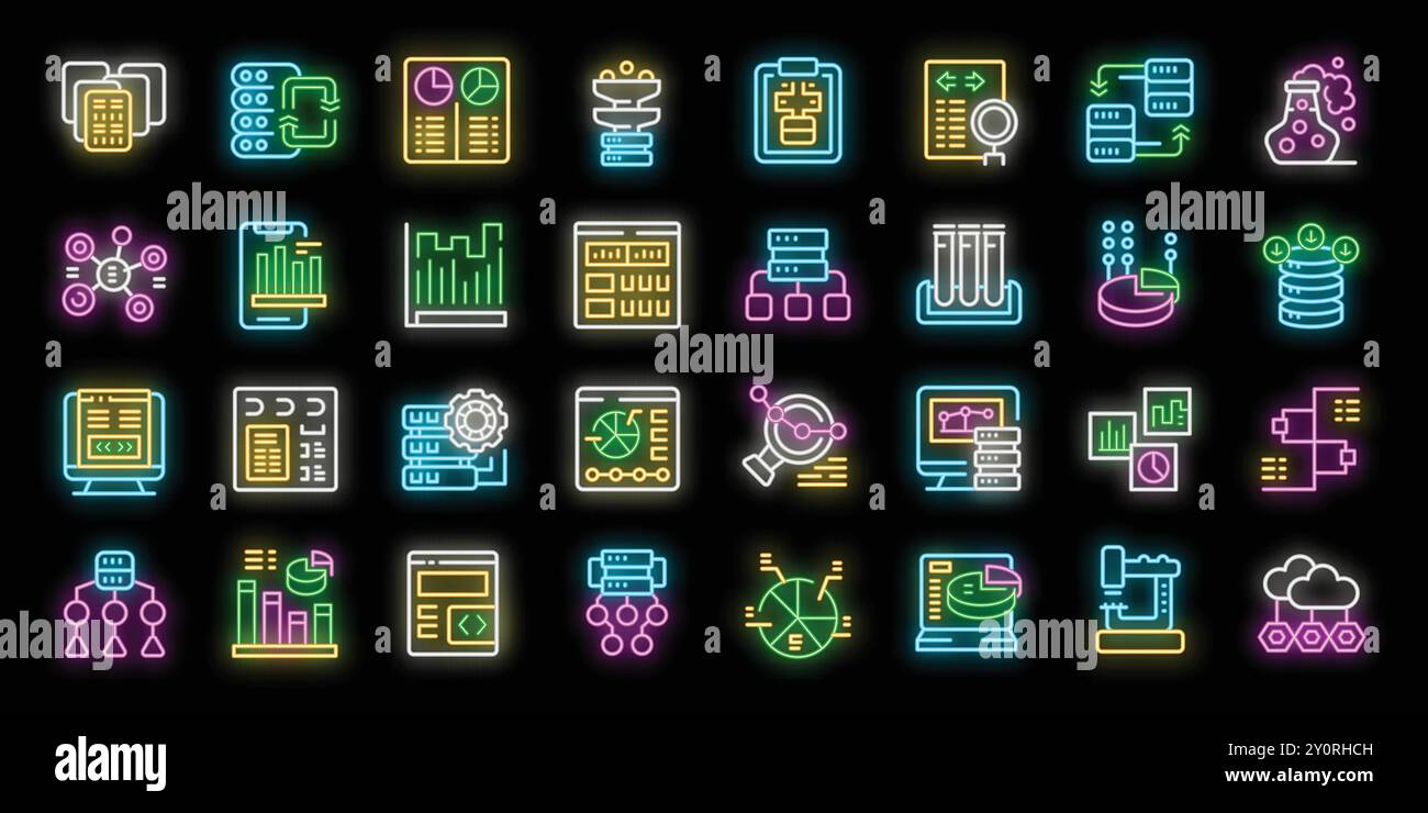 Set of colorful neon icons illustrating data analysis, from data mining to machine learning ...