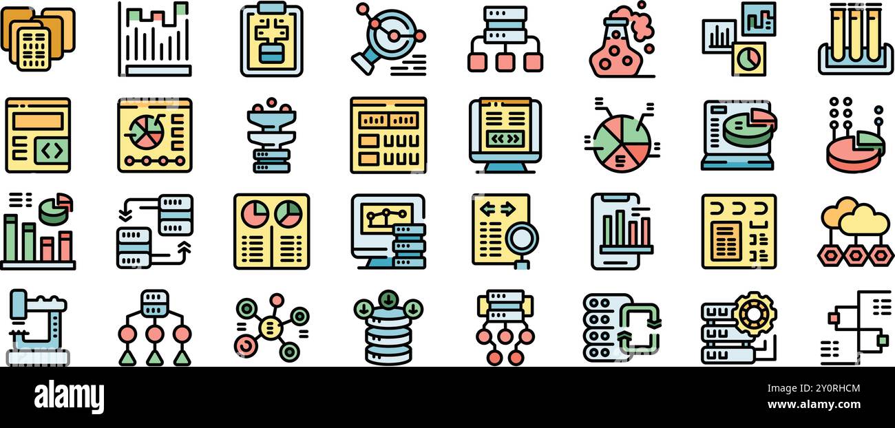 This set of icons depicts data analysis, featuring charts, graphs, and big data concepts Stock ...