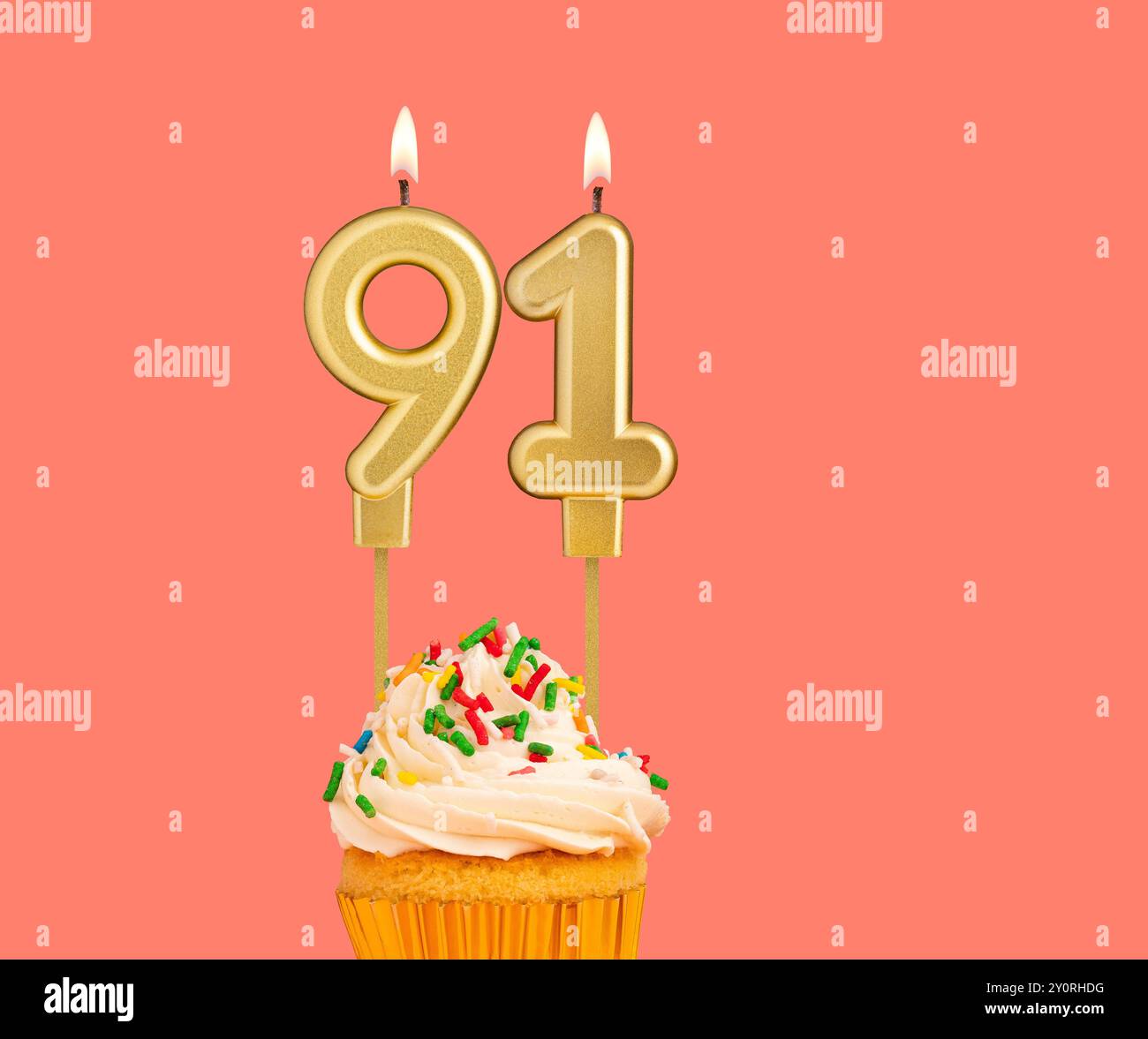Birthday number 91 - Golden candle with cupcake Stock Photo - Alamy