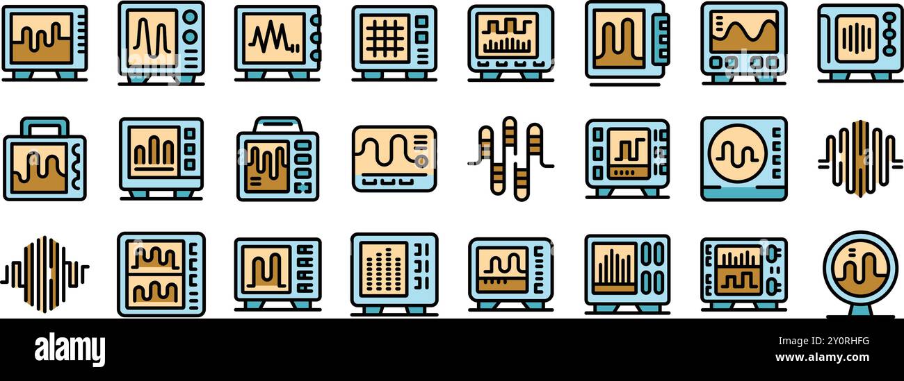 This set of icons depicts various oscilloscopes, electronic test ...