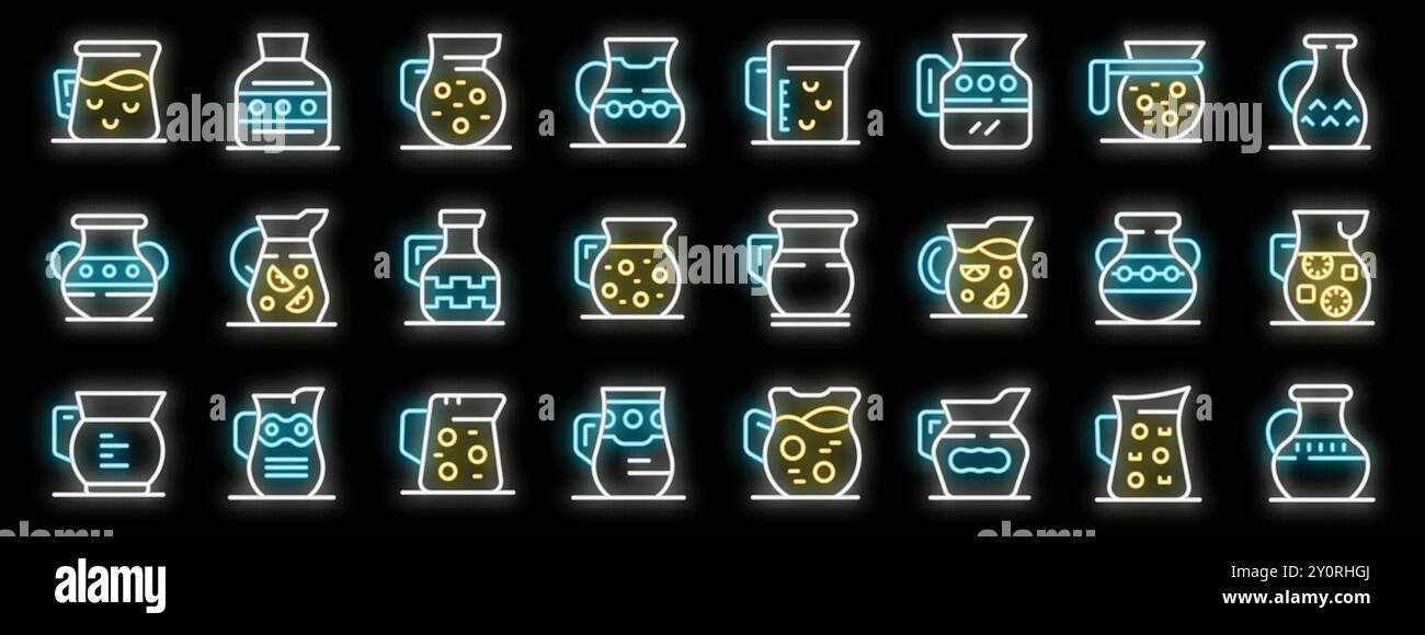 Neon glowing pitcher icons showing various styles and contents, perfect ...