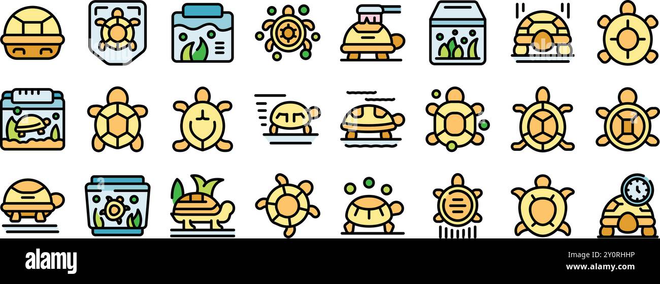 Set of cute turtle icons, in a cartoon style, showing different actions ...