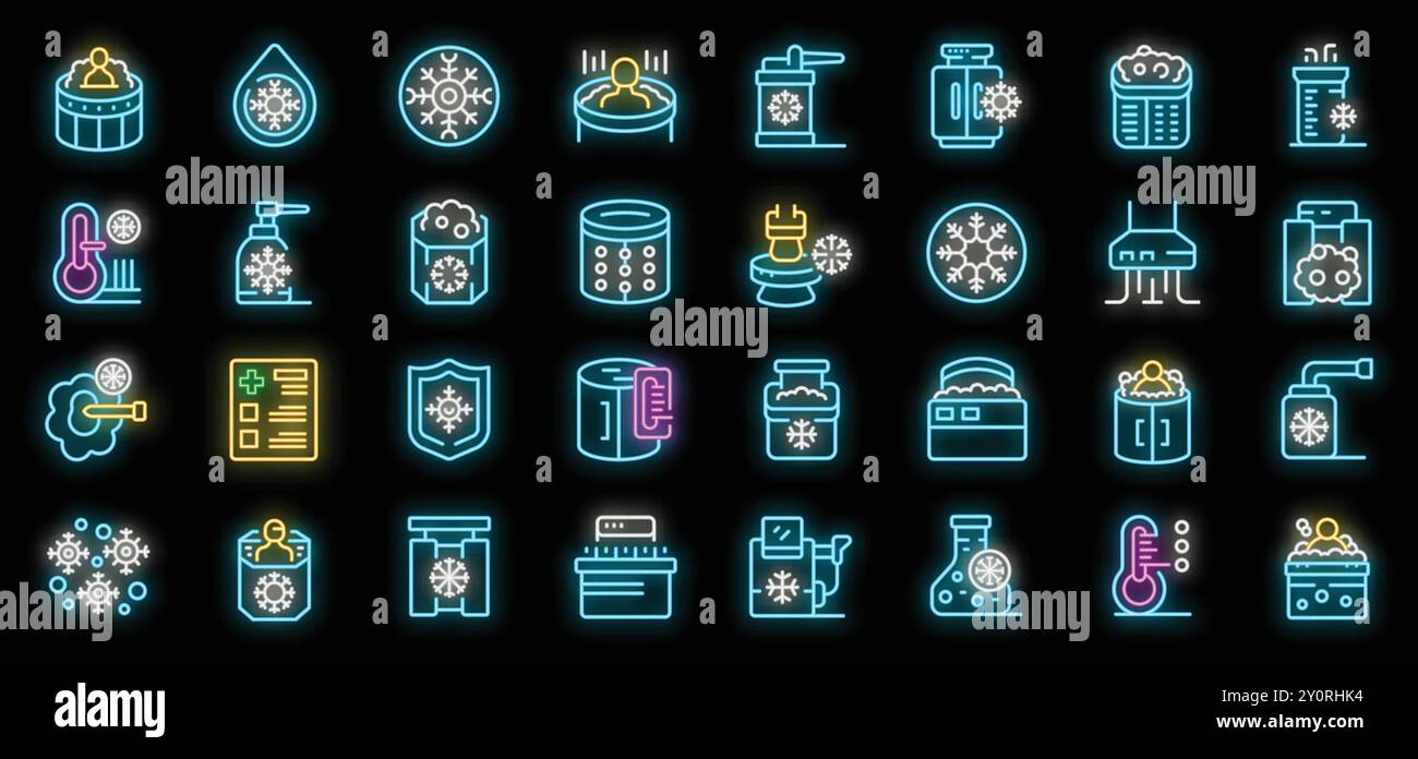 Cryotherapy recovery treatment neon icons set vector. Cryotherapy ...