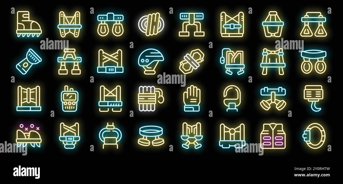 Set of colorful neon icons depicting safety equipment for working at ...