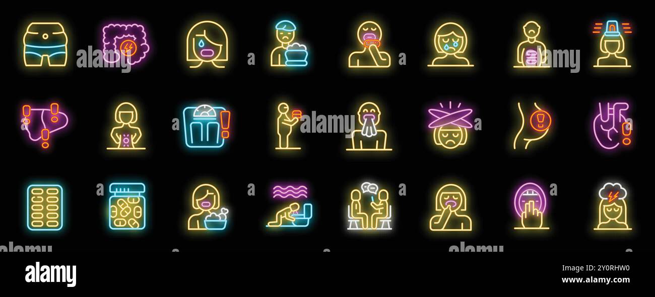 Neon icon set representing the various aspects, symptoms and ...