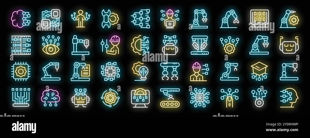 Automation technology neon icon set, industrial robot vector symbols ...