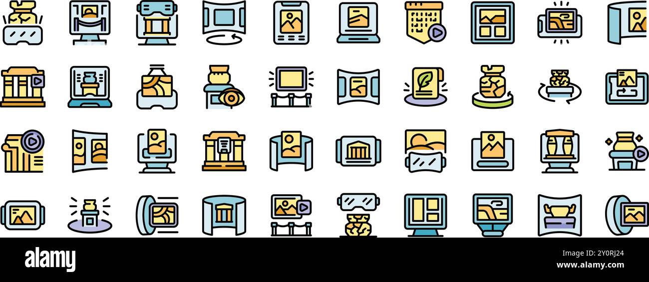 Virtual museum tour icons set. Outline set of virtual museum tour ...