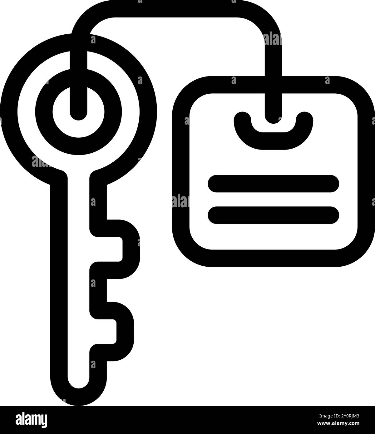 Hotel keycard with key hanging from keyring, simple design, thick lines ...