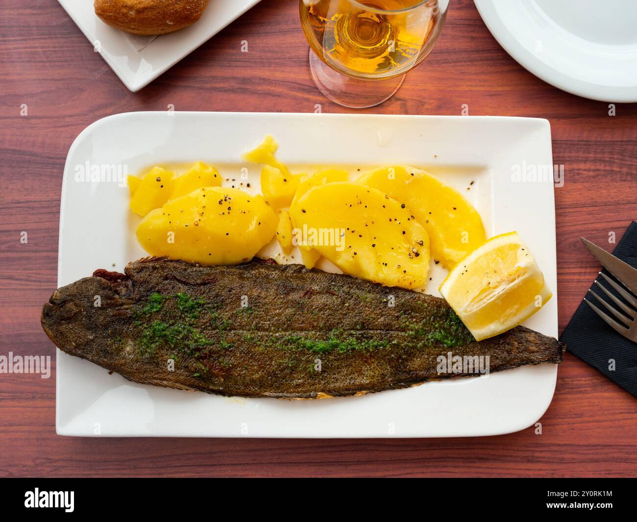 Lenguado fish (sea tongue or European salt) baked served with stewed ...
