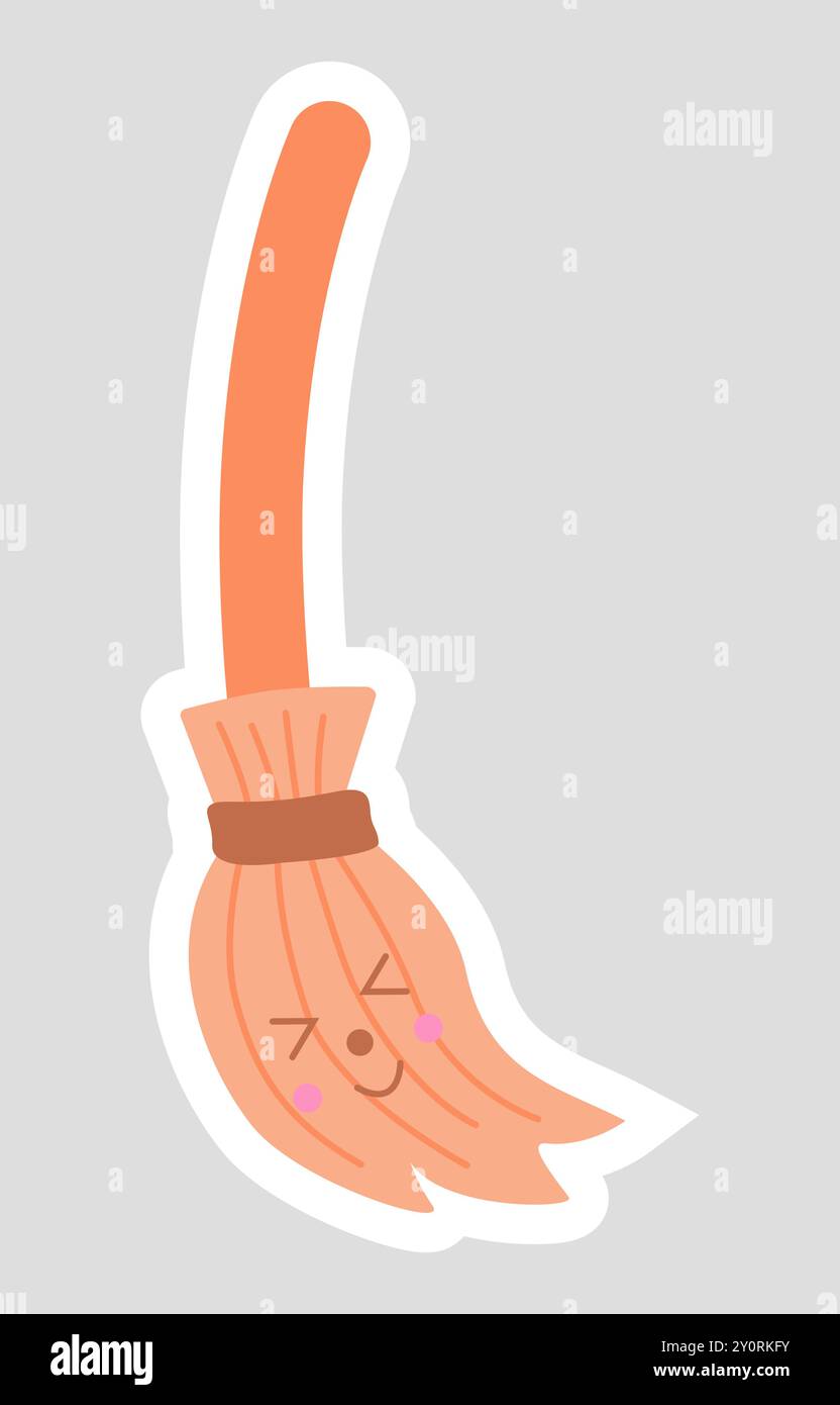 Sticker with cute broom in kawaii style, vector illustration for kids ...