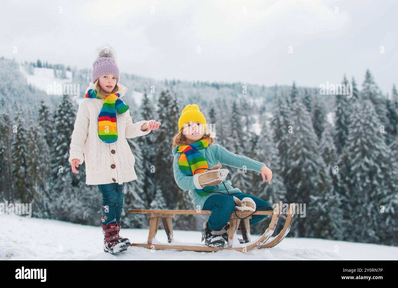Kids boy and little girl enjoying a sleigh ride. Children sibling ...