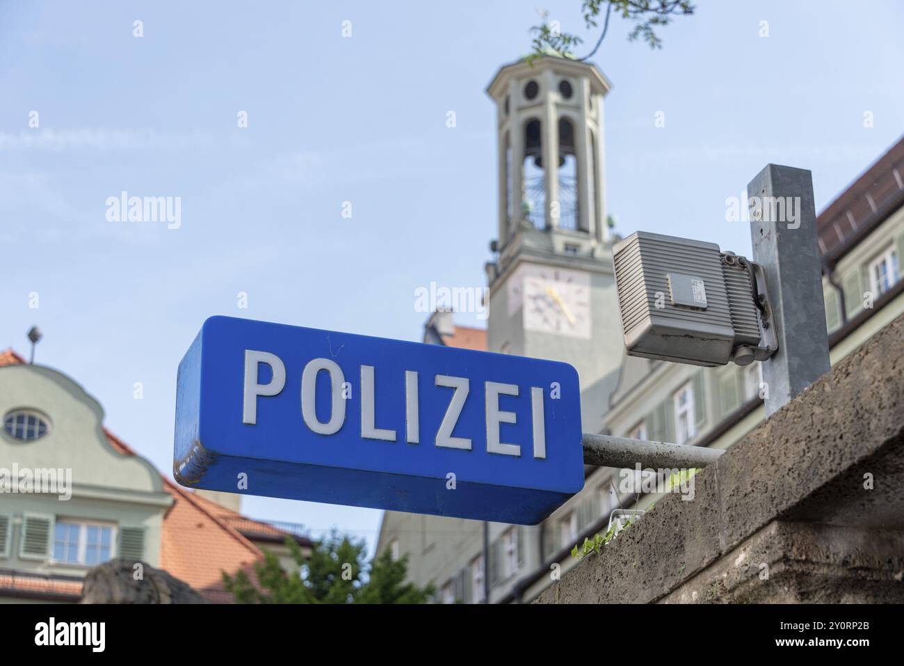 Sign with the inscription Polizei on the facade of the Munich Police ...