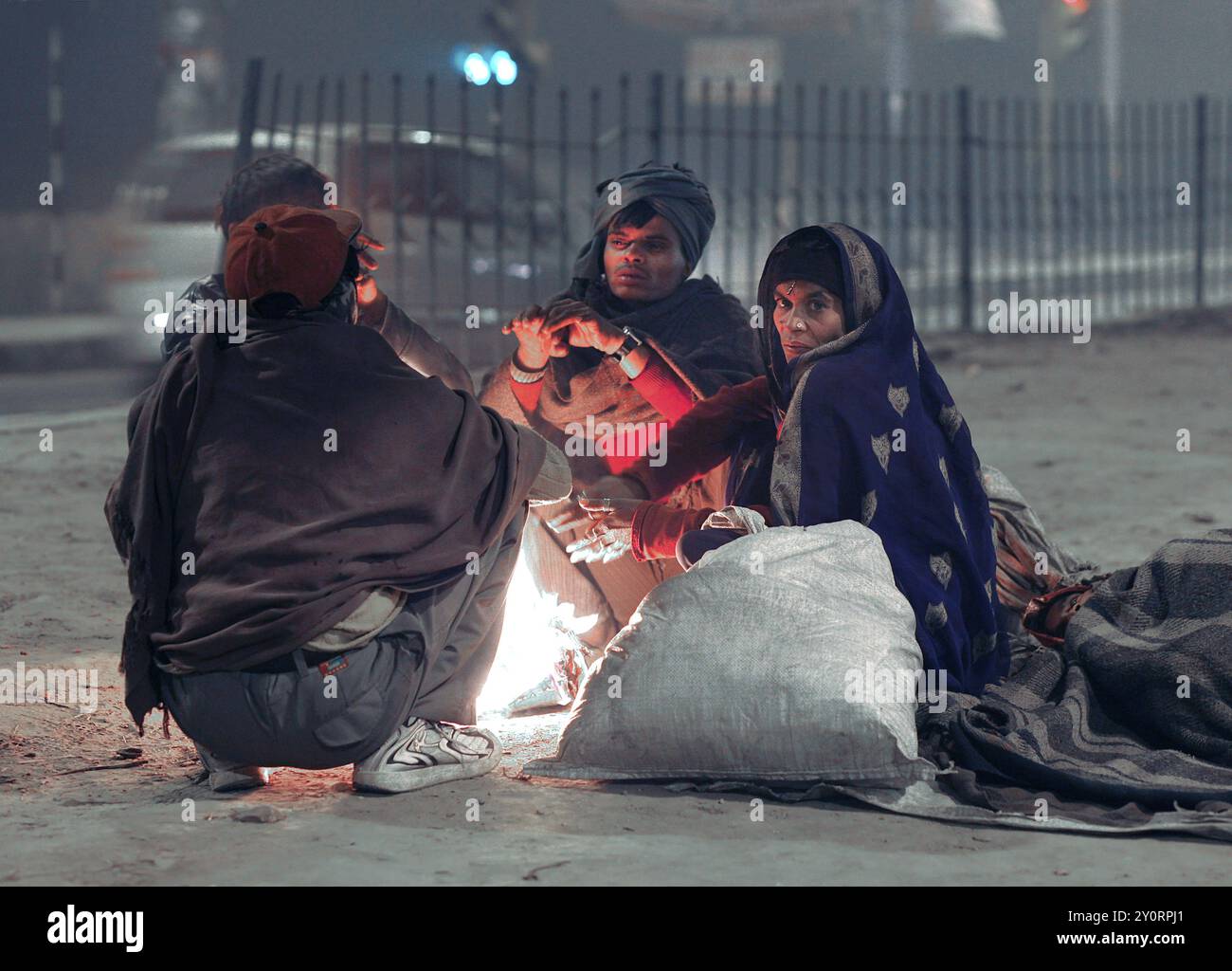New Delhi, India, 21.01.2010, Homeless people, sleeping place under a ...
