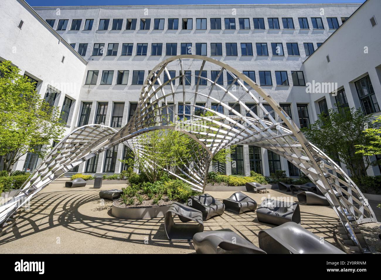 Seating area and pavilion sculpture, artwork in the inner courtyard of the TU Munich, main ...