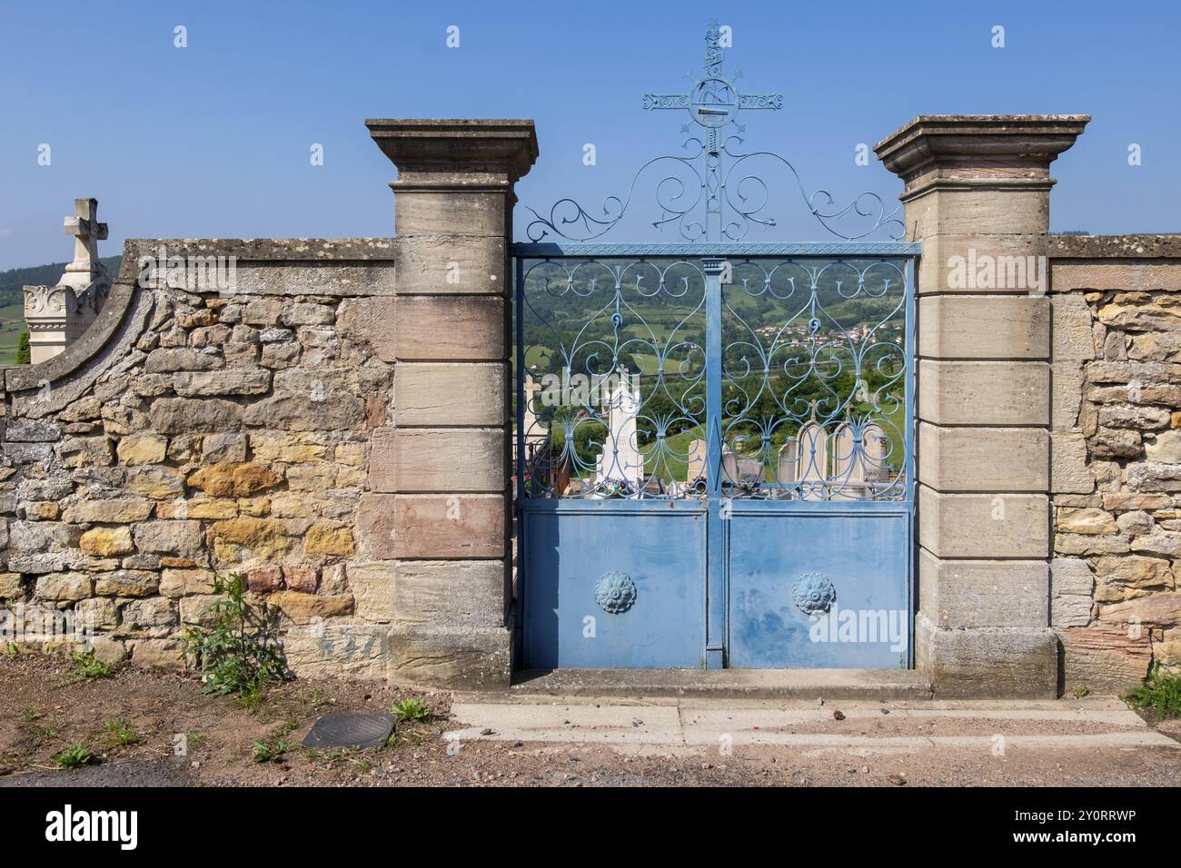 Cemetery wall with a blue entrance gate, Burgundy, France, Europe Stock ...