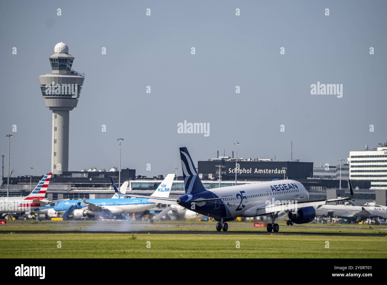 Aegean Airbus A320-271N, aircraft landing at Amsterdam Schiphol Airport ...