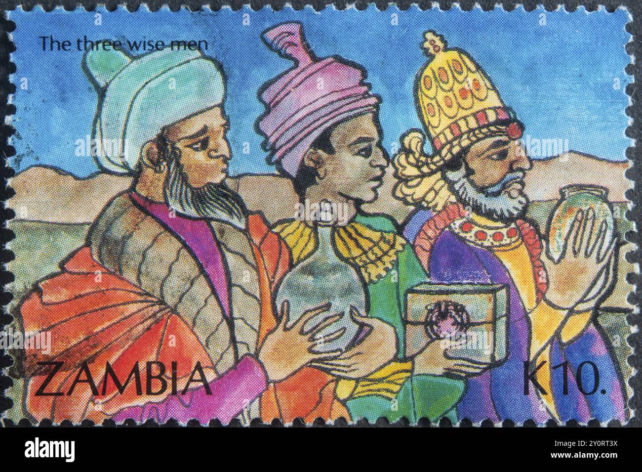 The three wise men, biblical motif on a stamp from Zambia Stock Photo ...