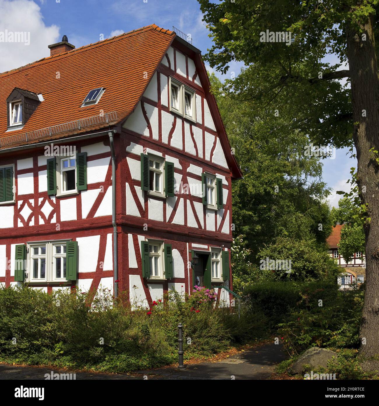 Half-timbered house in the castle grounds of Friedberg Castle, one of ...