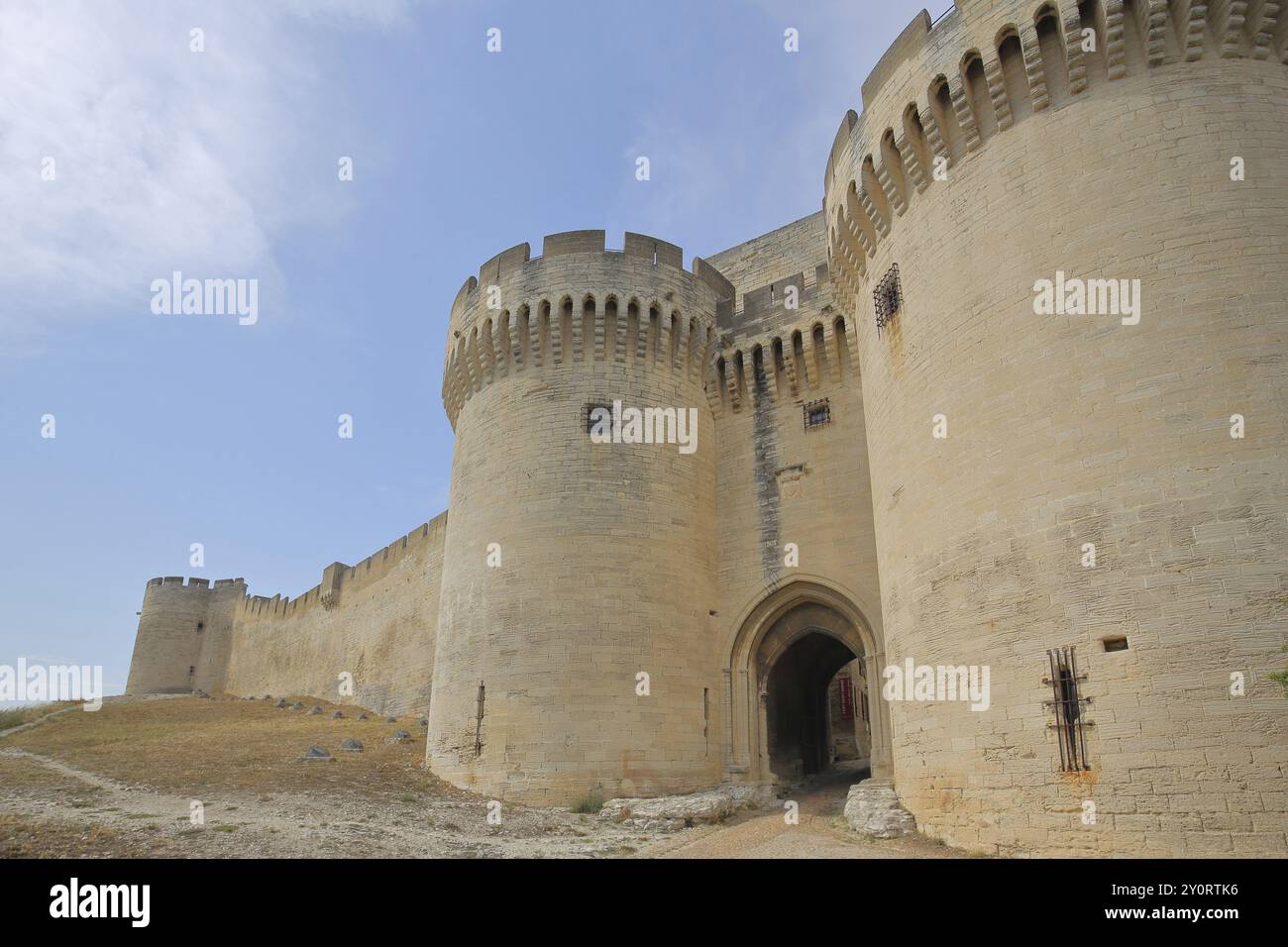 Entrance with two defence towers to the historic, town fortification, Fort Saint-Andre ...