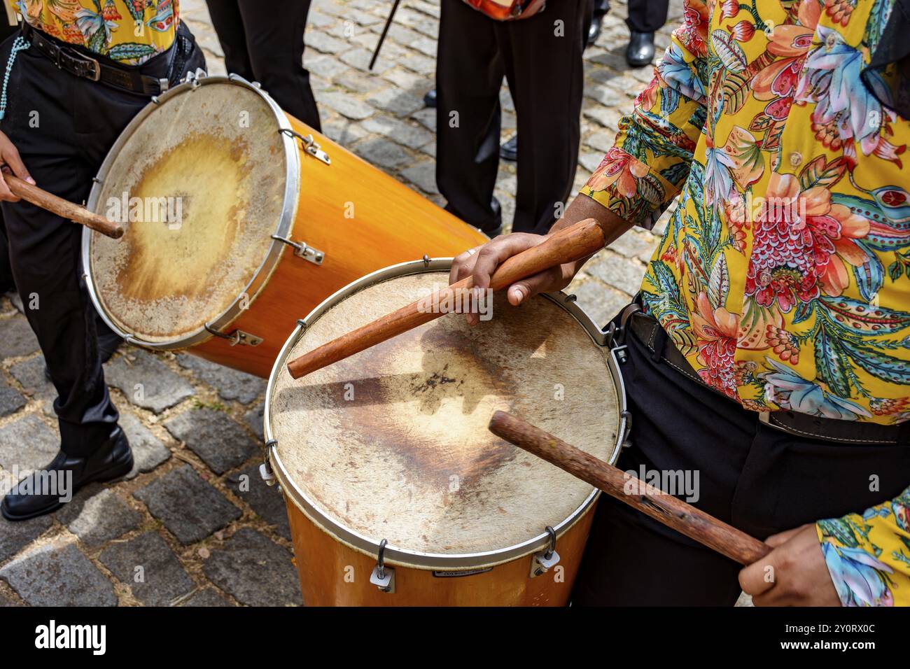 Drummers and their instruments performing during a typical street party ...