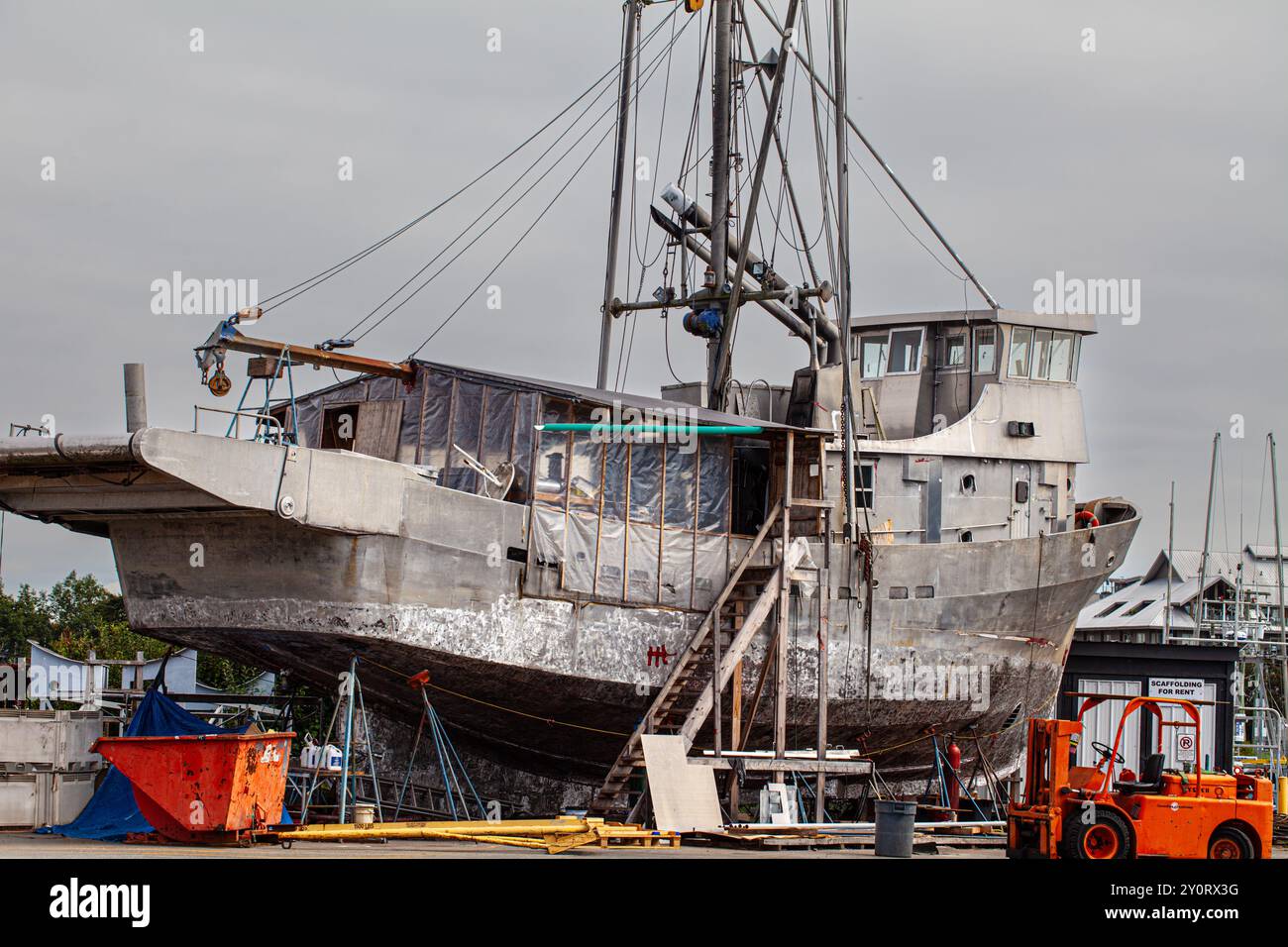 Commercial fishing vessel being repaired in Steveston British Columbia ...