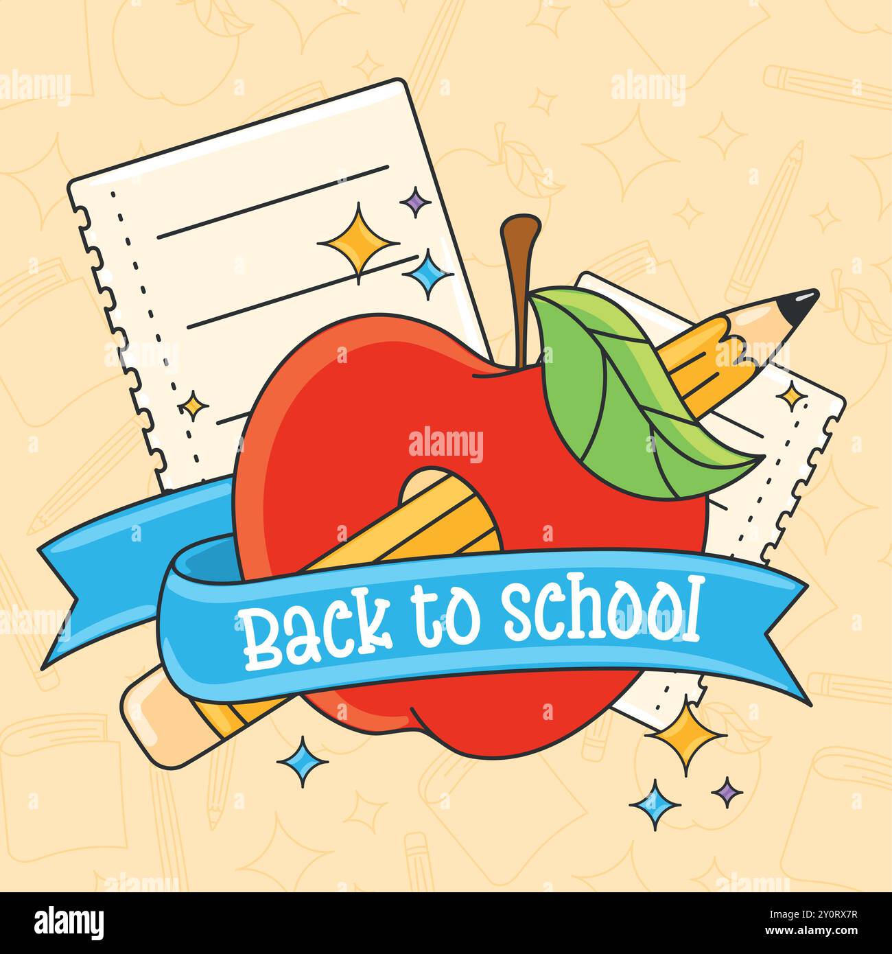 Red apple and pencil with back to school blue banner Vector Stock ...