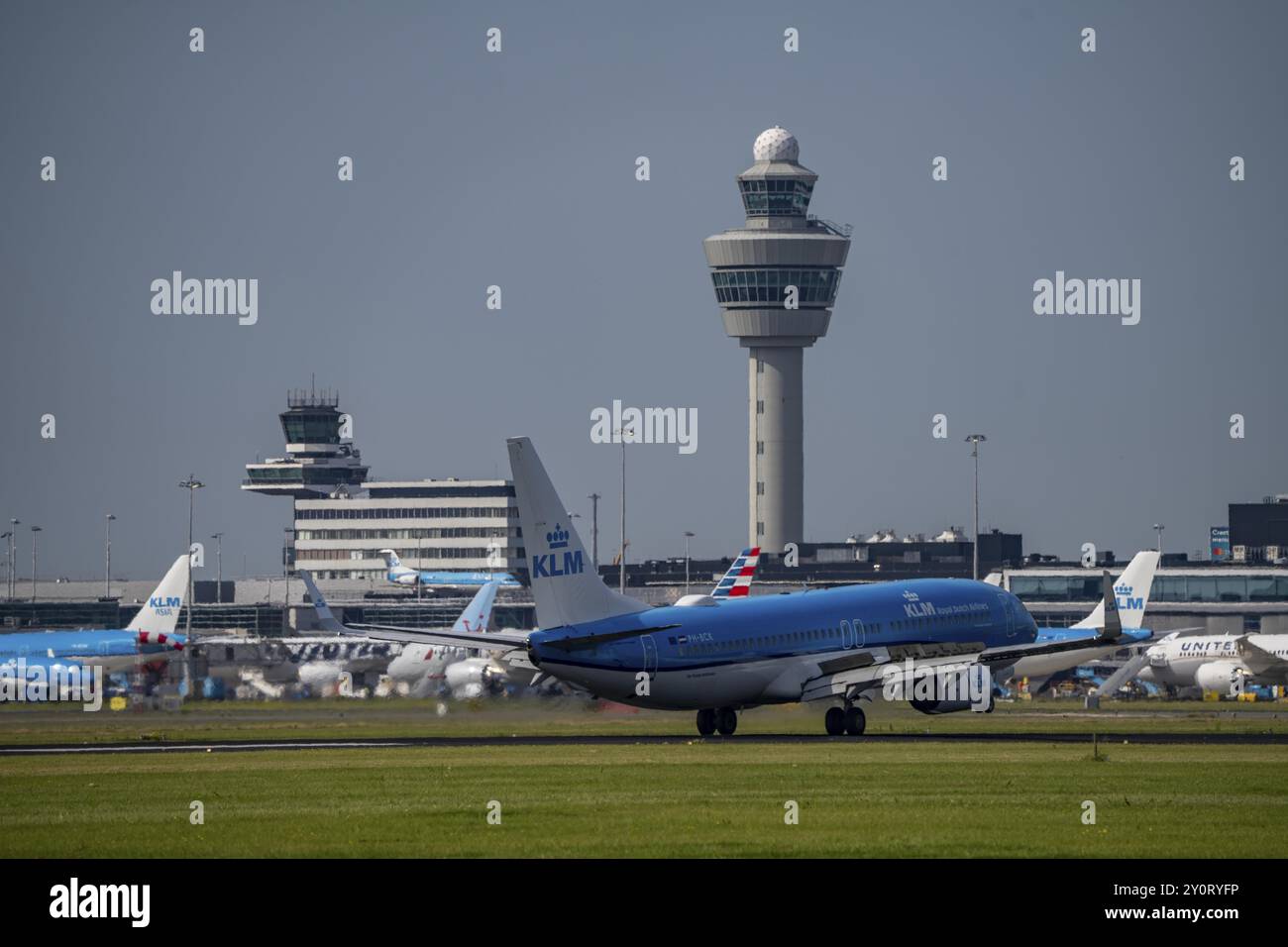 KLM Boeing 737-800, aircraft landing at Amsterdam Schiphol Airport ...