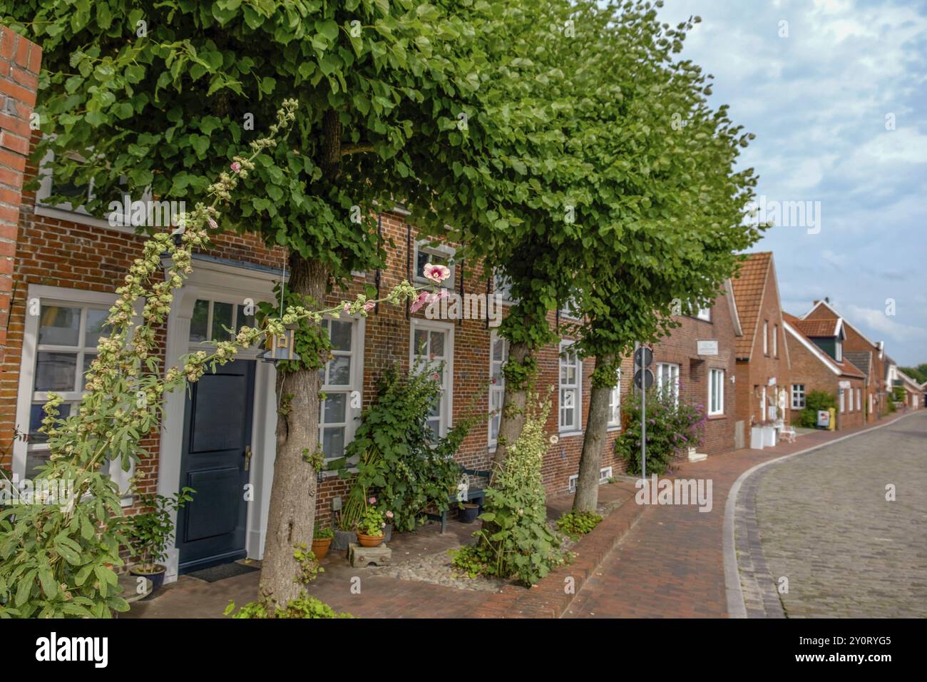 Street in a quiet village with old brick houses and trees along a ...