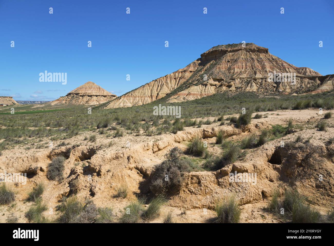 Vast desert landscape with barren hills under a bright blue sky and ...