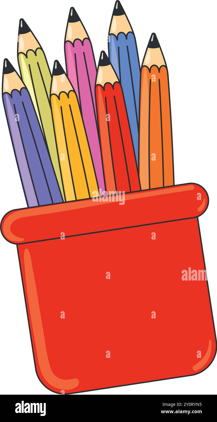 Set of colored pencils in red container cartoon Vector Stock Vector ...