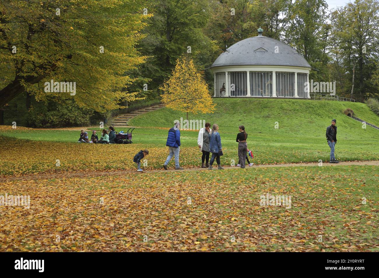 View of historic carousel with dome in autumn, walker, picnic, family ...