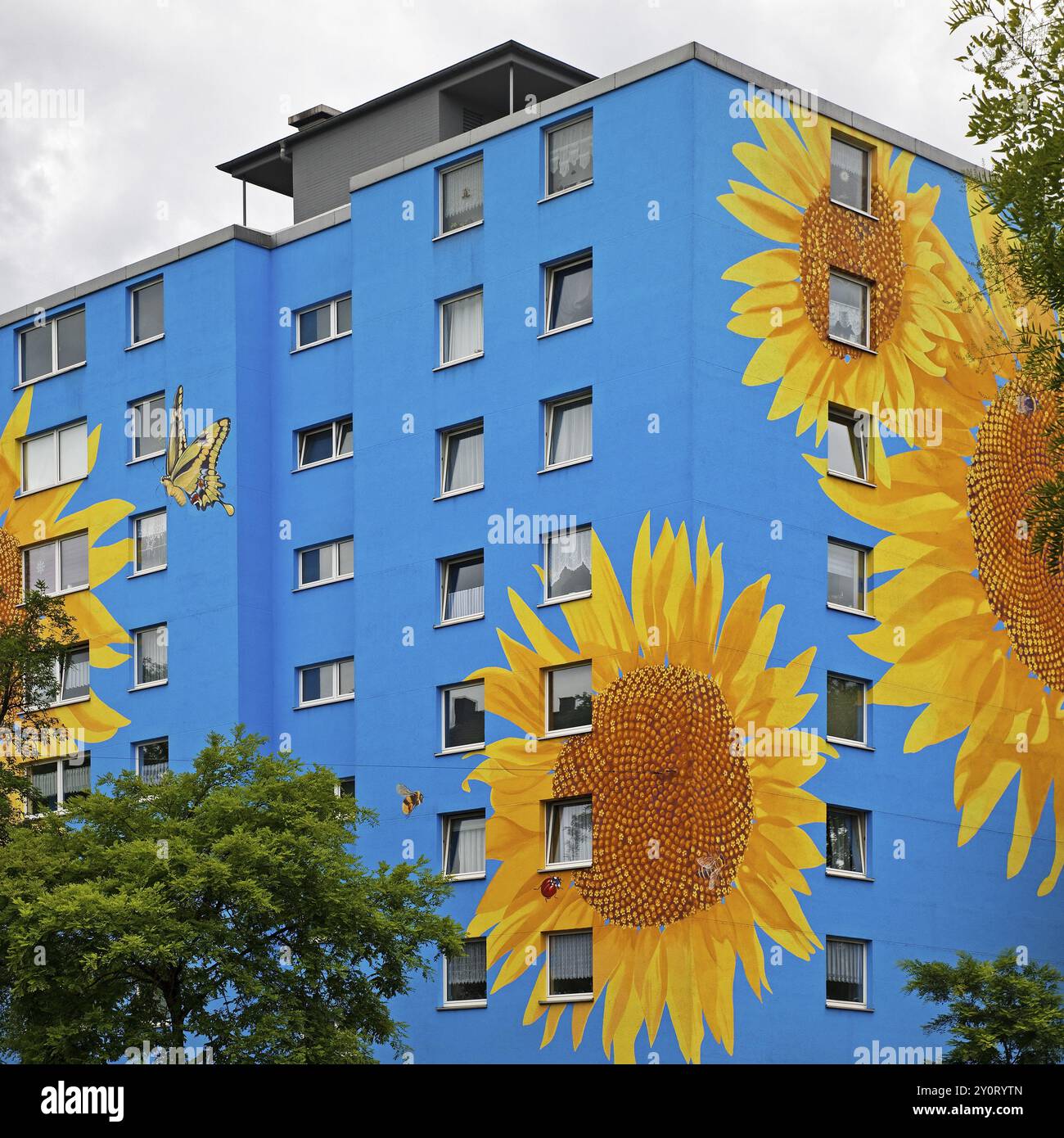 Sunflower house, sunflowers and animals on a tower block, artist Ulrich ...