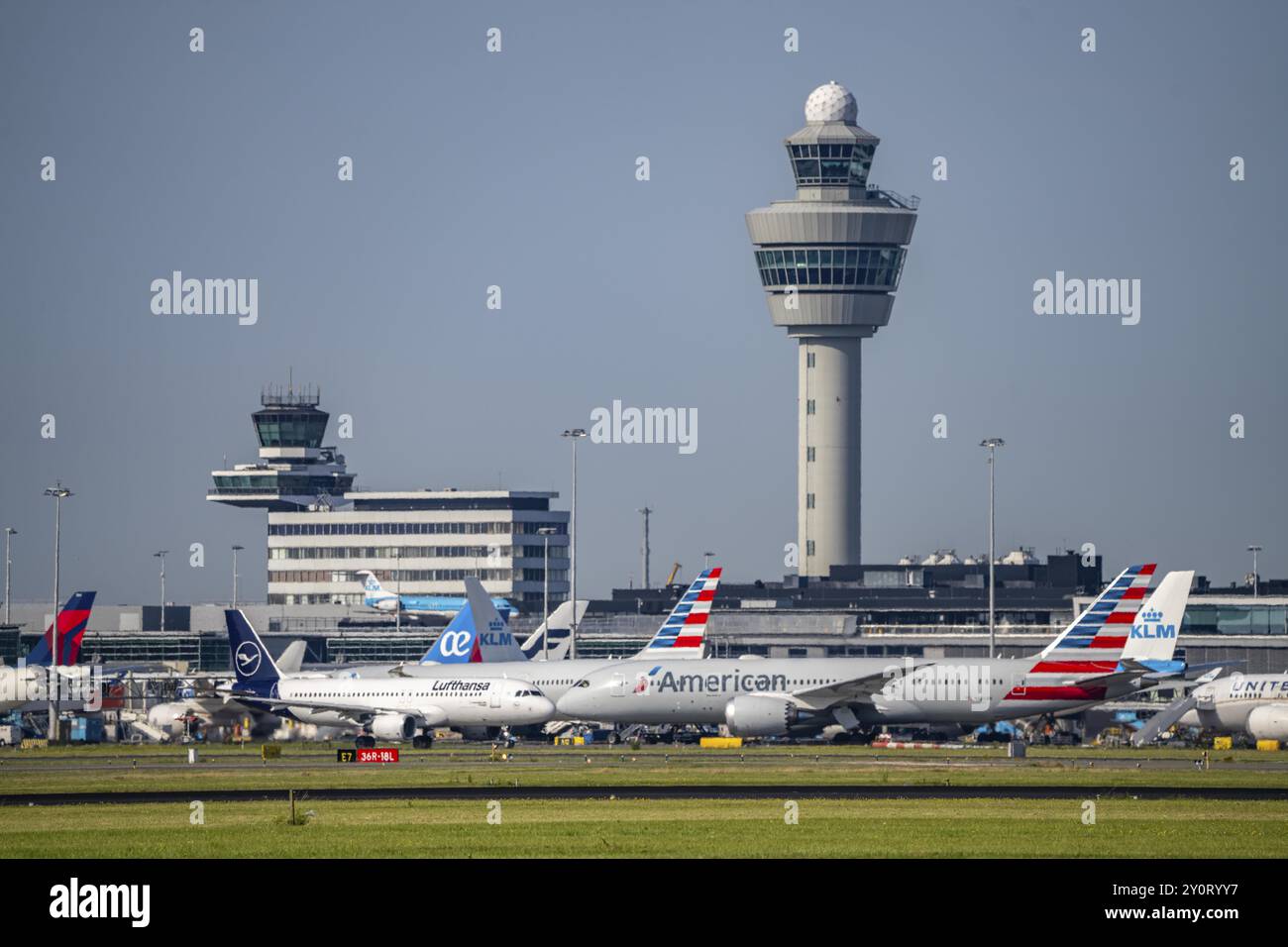 Aircraft at Amsterdam Schiphol Airport, taxiway, apron, air traffic ...