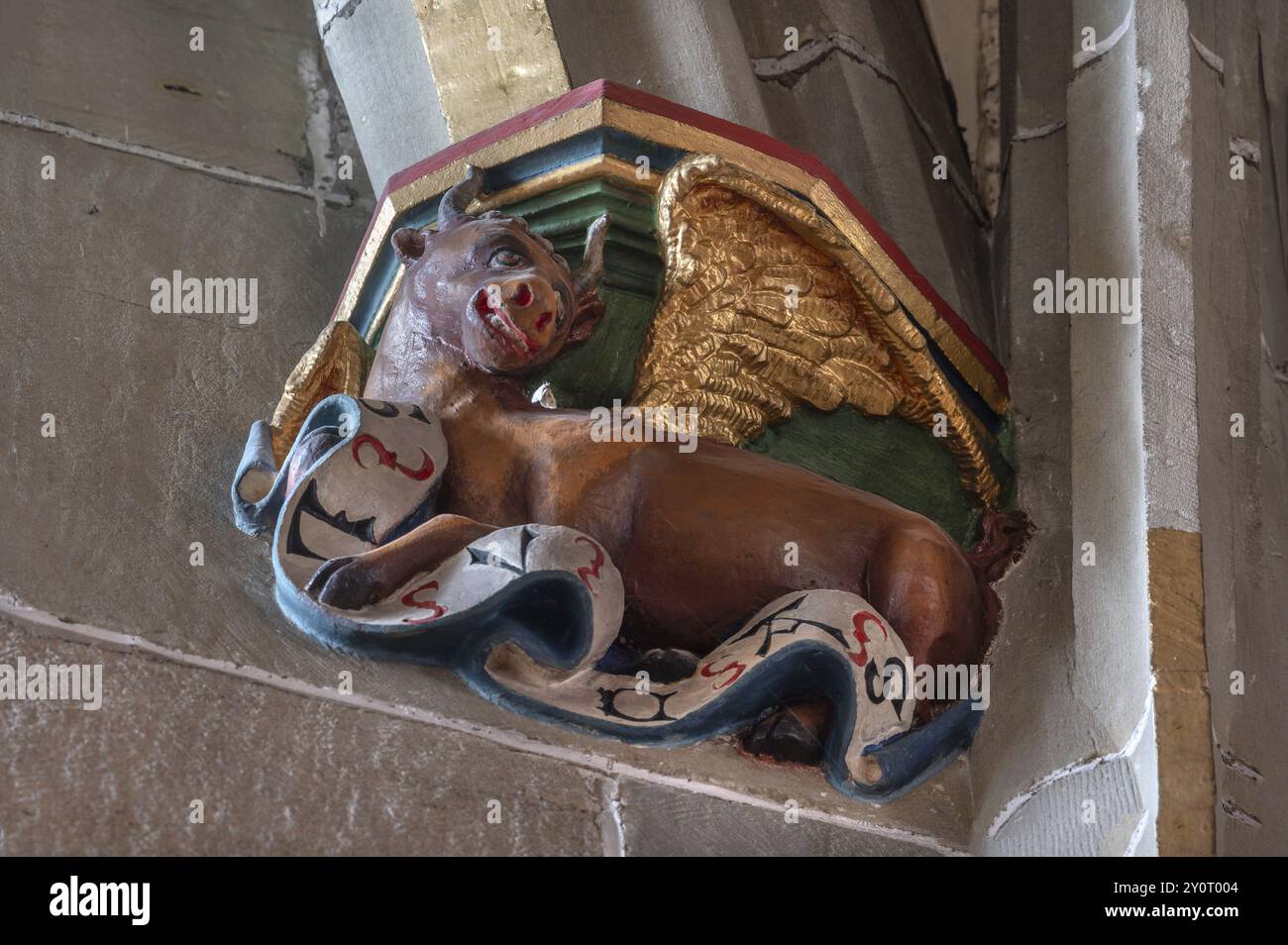 Bull with wings, depiction of St Luke the Evangelist, console stone in ...