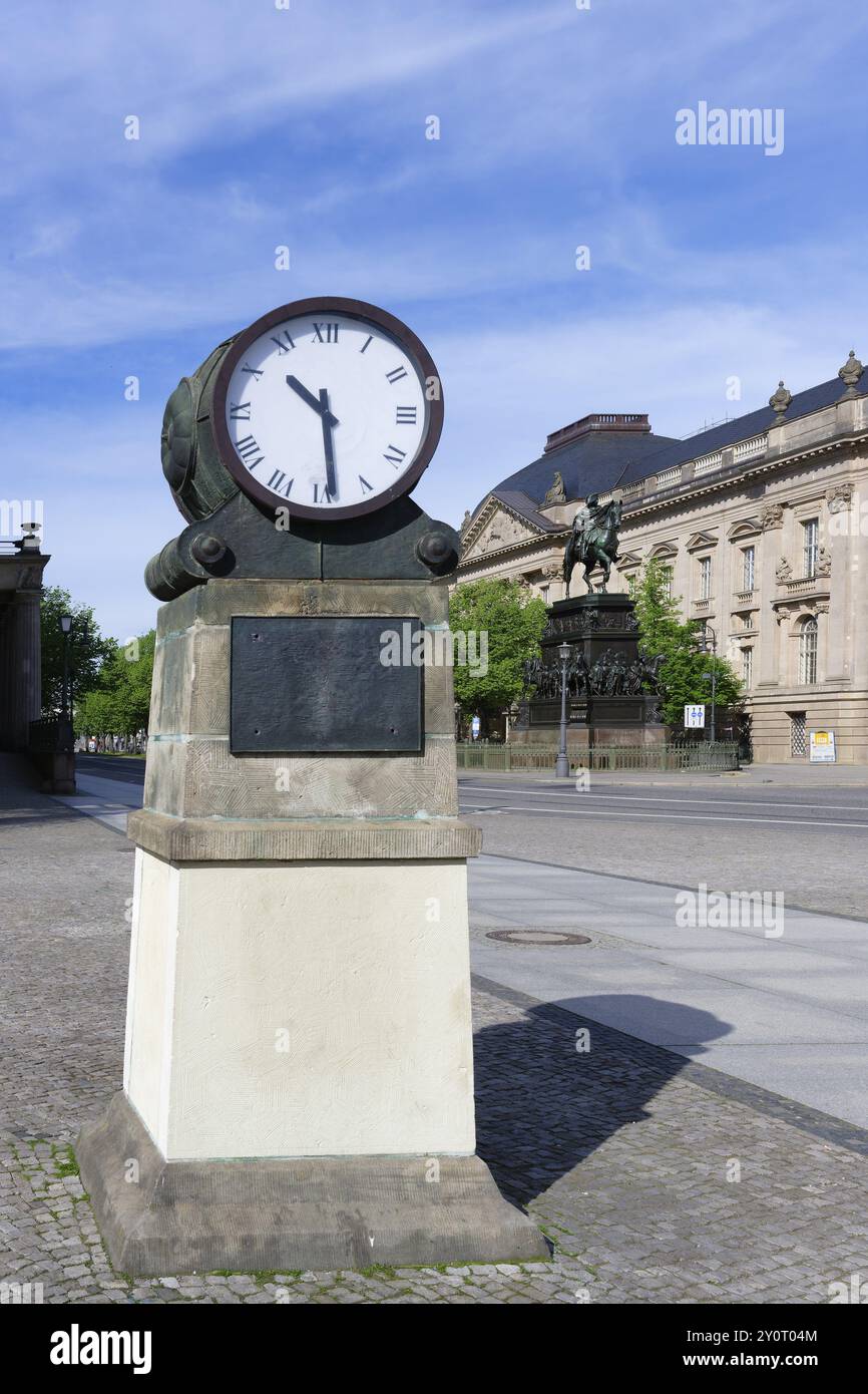 Bebel square clock and Friedrich the Great statue, Under den Linden, Berlin Mitte, Germany ...