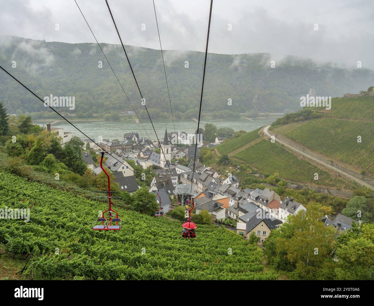 Cable car over a village on the river, surrounded by vineyards and fog ...