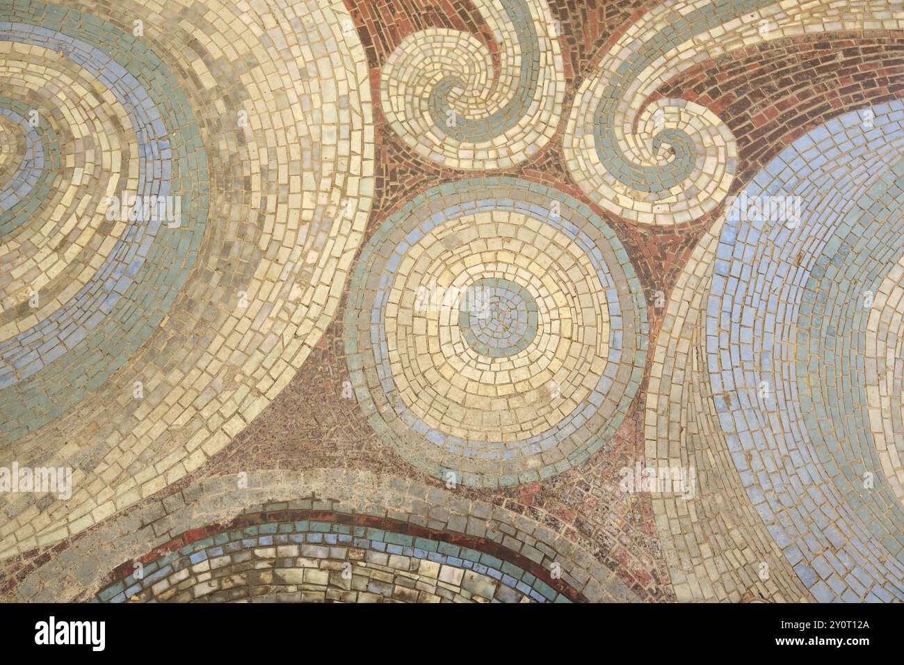 Round floor mosaic with volutes, decorations, handicraft, detail ...