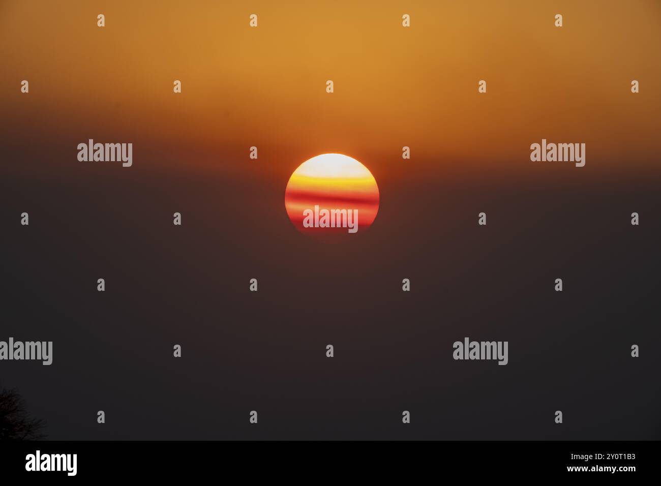 Evening sky with red sun at sunset, sun setting behind haze clouds ...