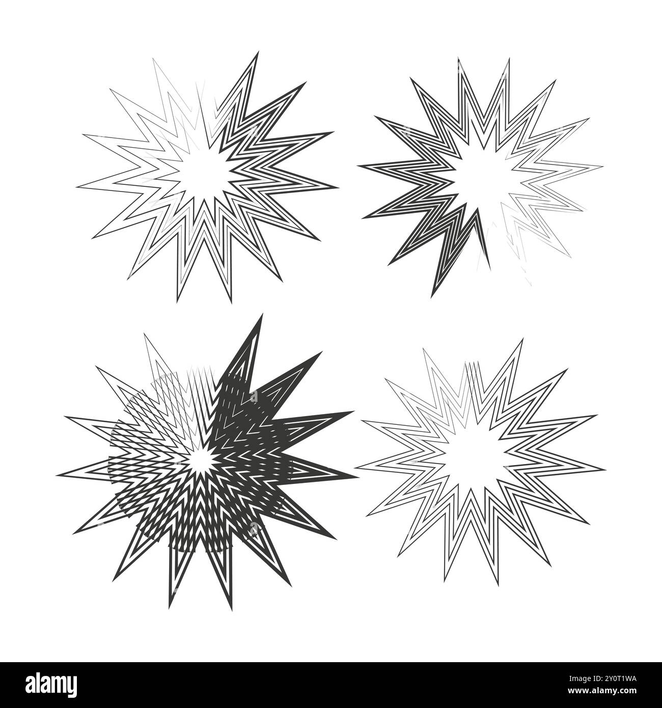 Abstract starburst icons. Four unique geometric patterns. Black and white gradient effects ...