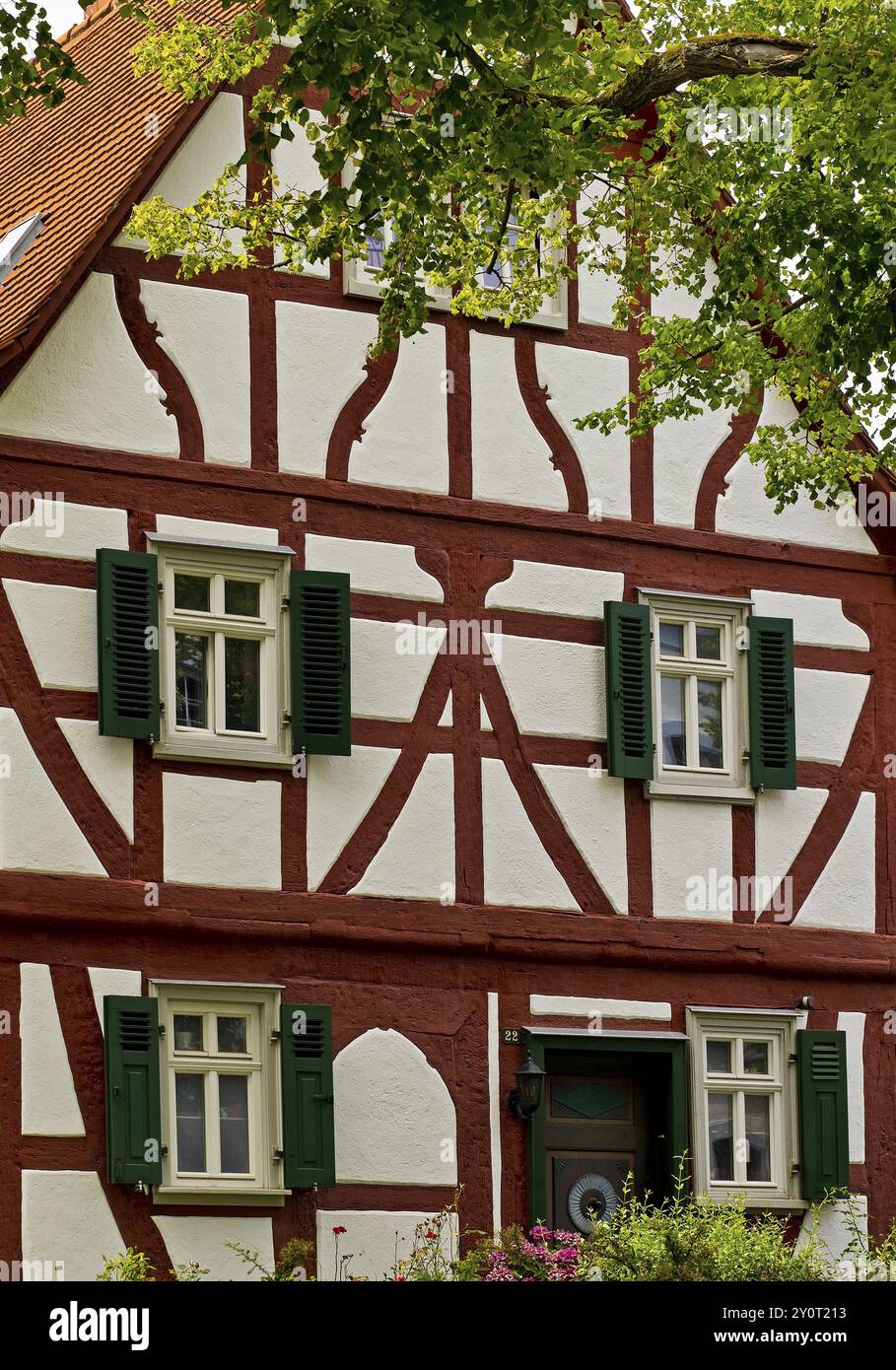 Half-timbered house in the castle grounds of Friedberg Castle, one of ...