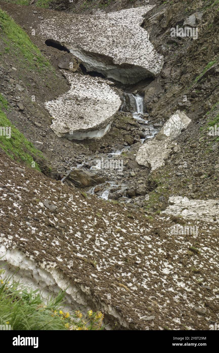 Several snow bridges and a small waterfall in a gorge, Alps, Austria ...