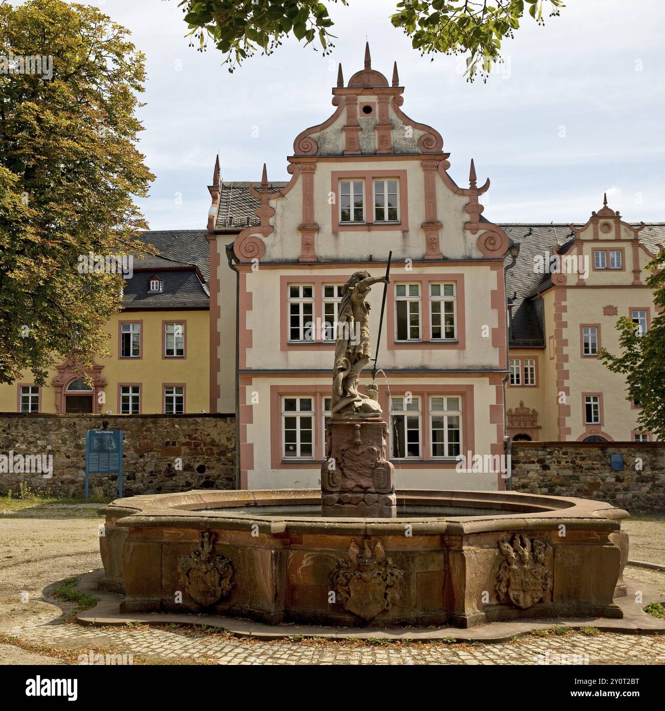 St George's Fountain in front of the castle in the grounds of Friedberg ...