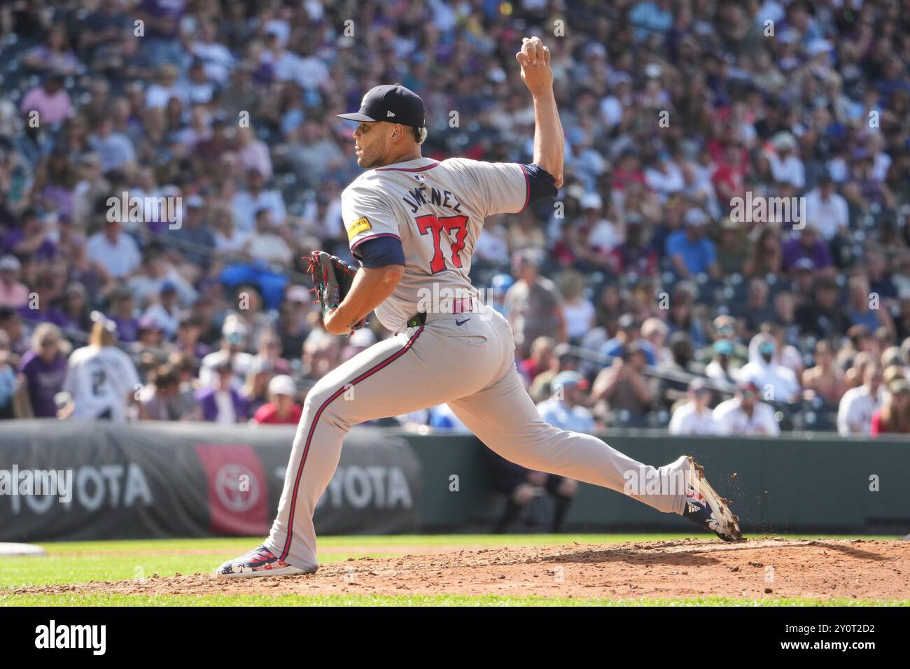August 11 2024: Atlanta pitcher Joe Jimenez (77) throws a pitch during ...