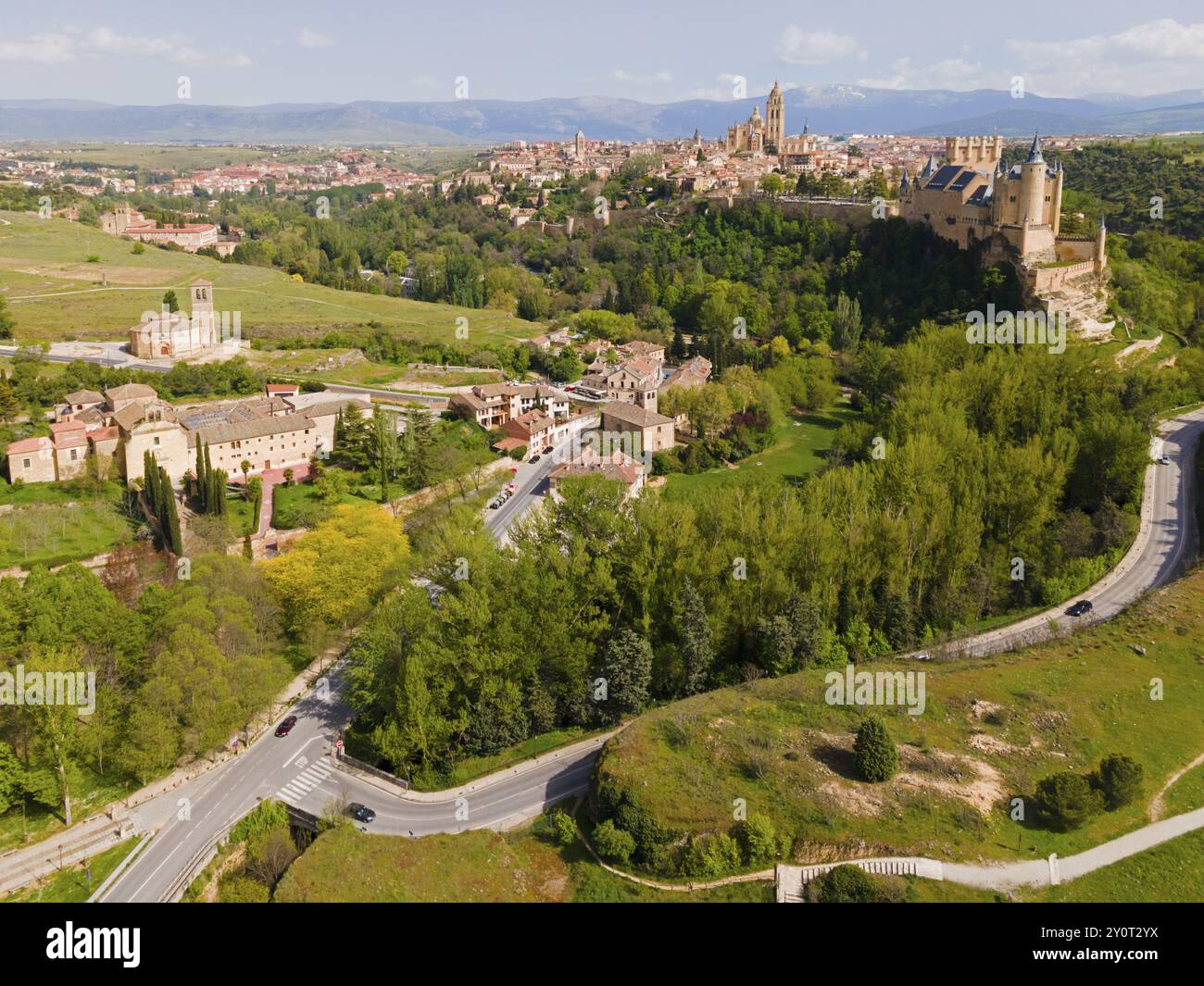 Aerial view of a medieval town with castles and green surroundings in a ...