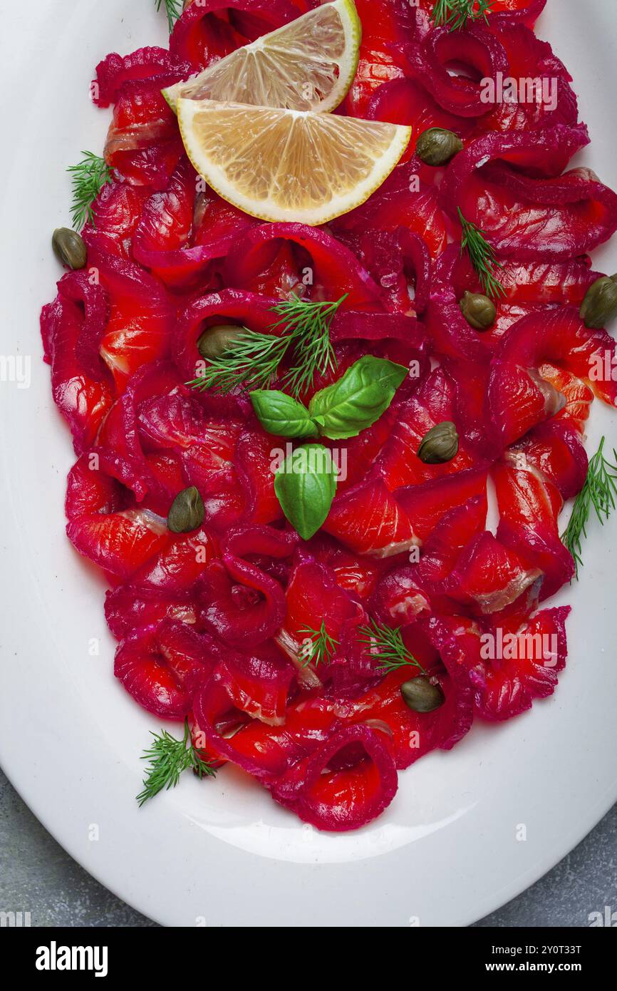 Salmon gravlax with beetroot, Scandinavian snack, beet gravlax, lightly ...